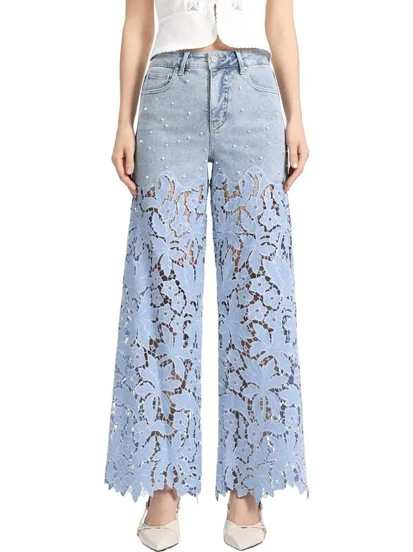 BAYEAS Embellished Eyelet High Waist Wide Leg Jeans - Clearstrand