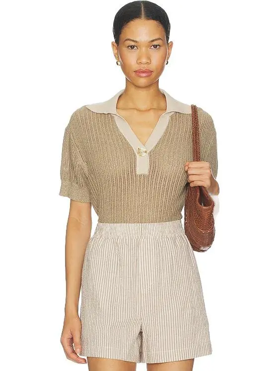 Varley Ribbed Knit Polo Top - Brown