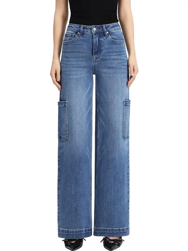 BAYEAS High Waist Wide Leg Cargo Jeans - Medium Blue