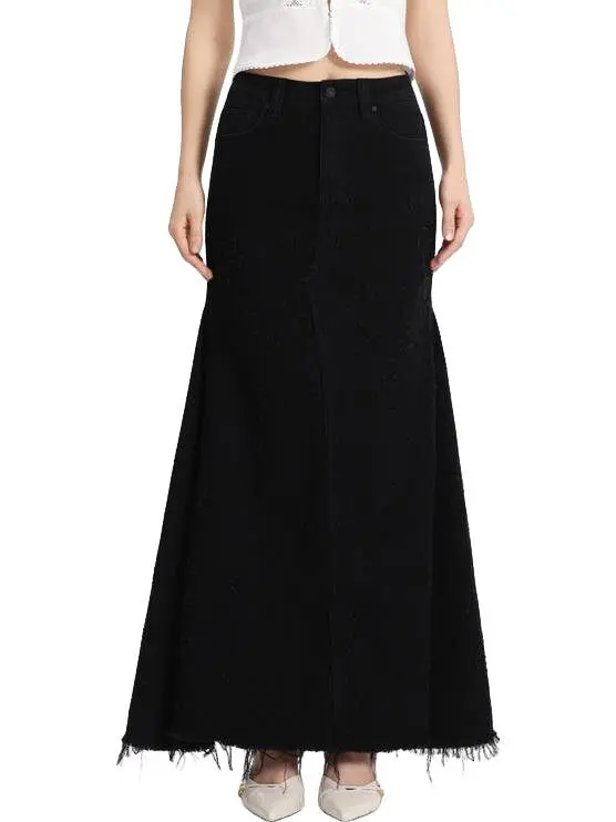 BAYEAS Fringe Denim Midi Skirt - Black