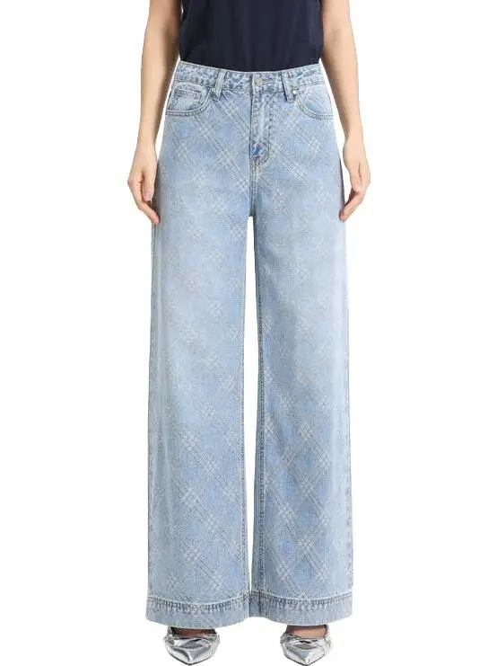 BAYEAS Embellished Textured Plaid High Waist Wide Leg Jeans - Lightstream