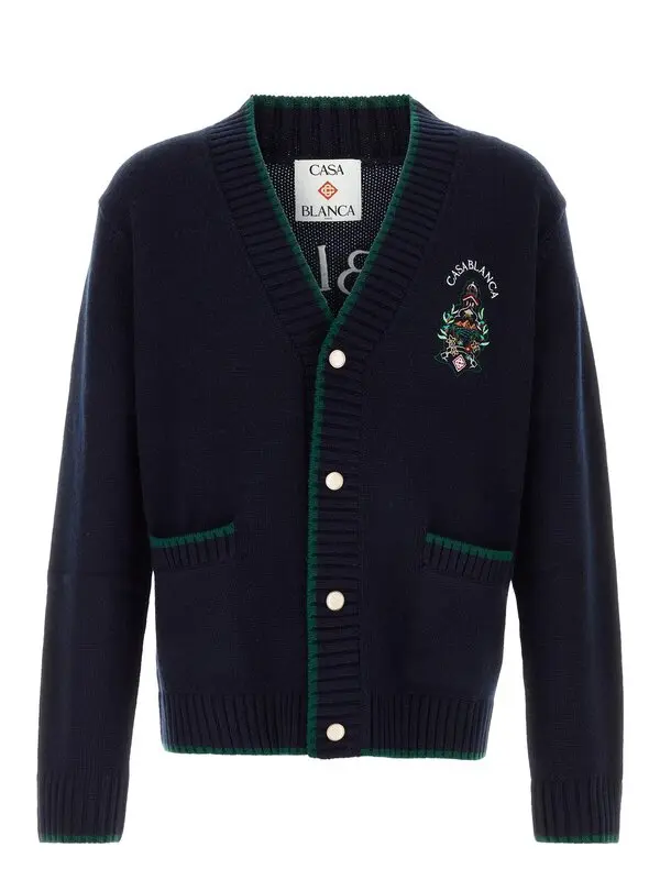 Casablanca Wool Blend Cardigan With Embroidered Detail - Blue