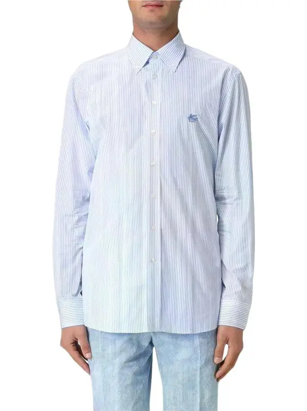 Etro Striped Embroidered-logo Cotton Shirt - Blue