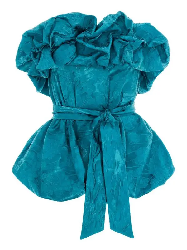CONCEPT A TROIS Bustier Top With Ruffles And Drawstring Waist - Blue
