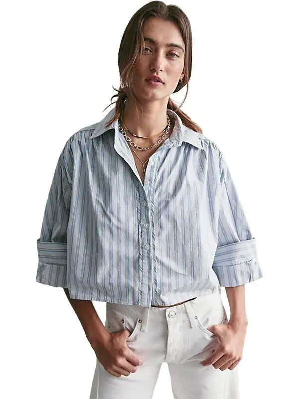Free People We The Free Mira Pinstripe Cropped Shirt - Cornflower Combo