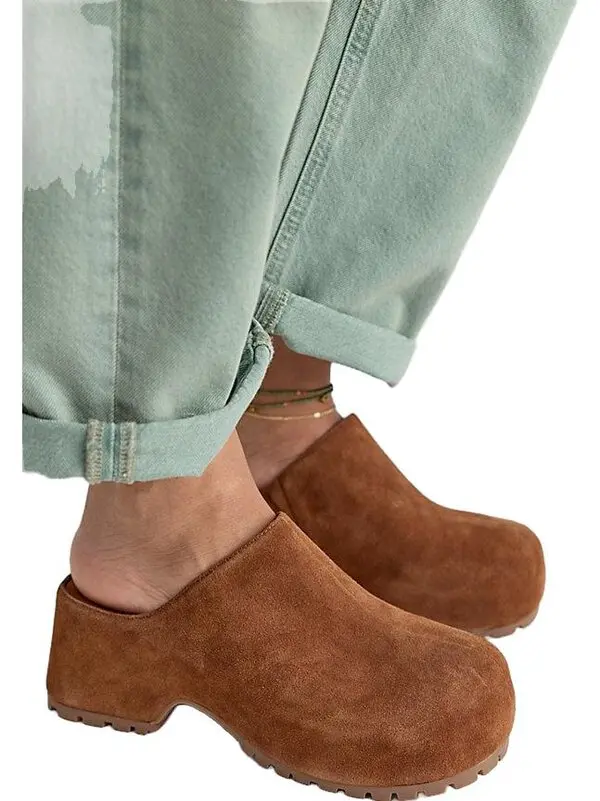 Free People Suede Platform Clogs With Block Heel And Lug Sole - Camel Combo