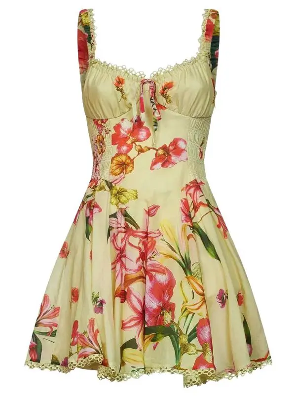 Charo Ruiz Ibiza Floral-print Lace-trim Mini Dress - Neutrals