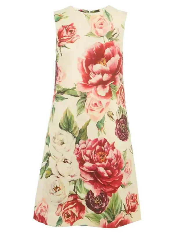 Dolce & Gabbana Rose Print Wool Midi Dress - Neutrals