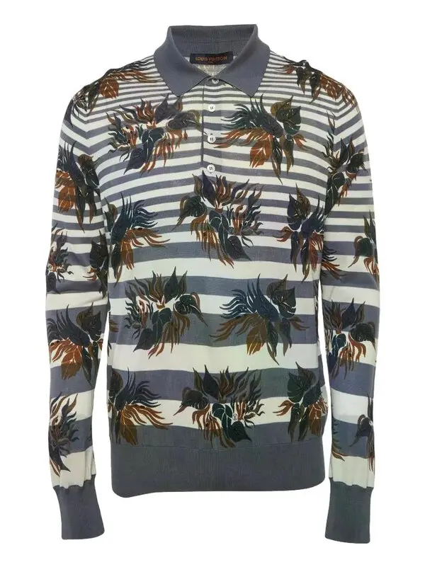 LOUIS VUITTON Striped Floral-print Polo Shirt - Grey