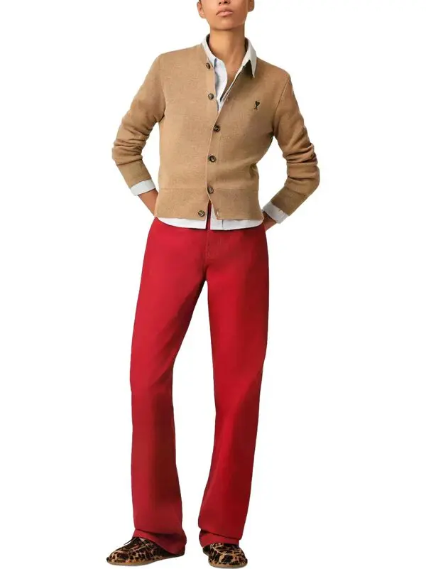 AMI Paris Crew Neck Wool Cardigan With De Coeur Embroidery - Neutrals