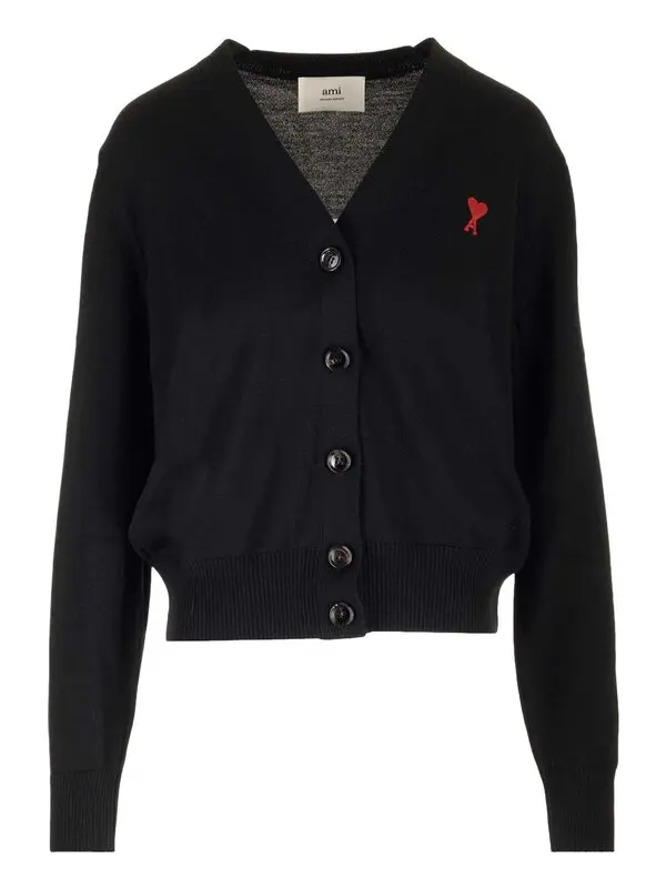 AMI Paris De Coeur Embroidered Button Cardigan - Black