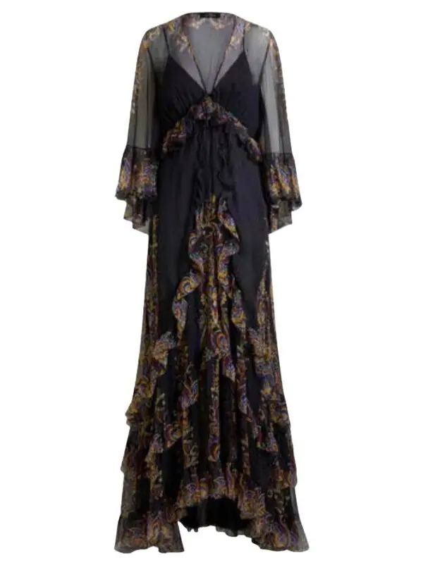 Etro Long Silk Dress With Placed Paisley Foliage Print - Black