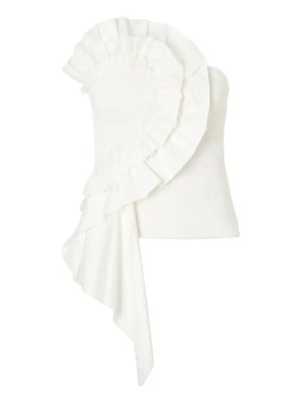 Farm Rio Strapless Ruched Tank With Ruffle Detail - White