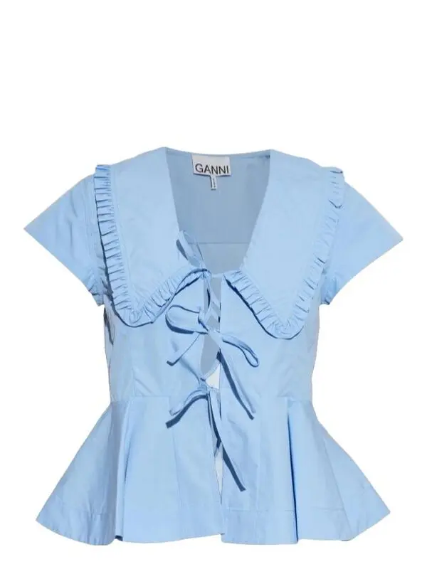 GANNI Cotton Poplin Blouse With Ruffled Collar - Blue