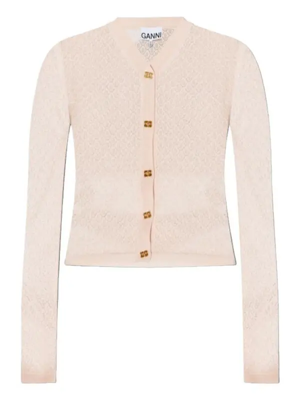 GANNI Pointelle Knit Logo Button Cardigan - Nude