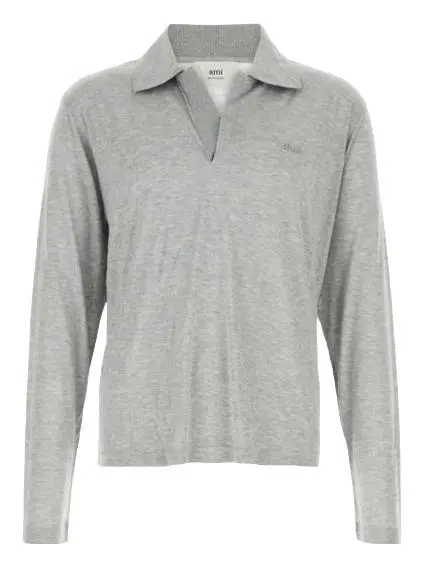 AMI Paris Logo Embroidered Polo Shirt - Grey