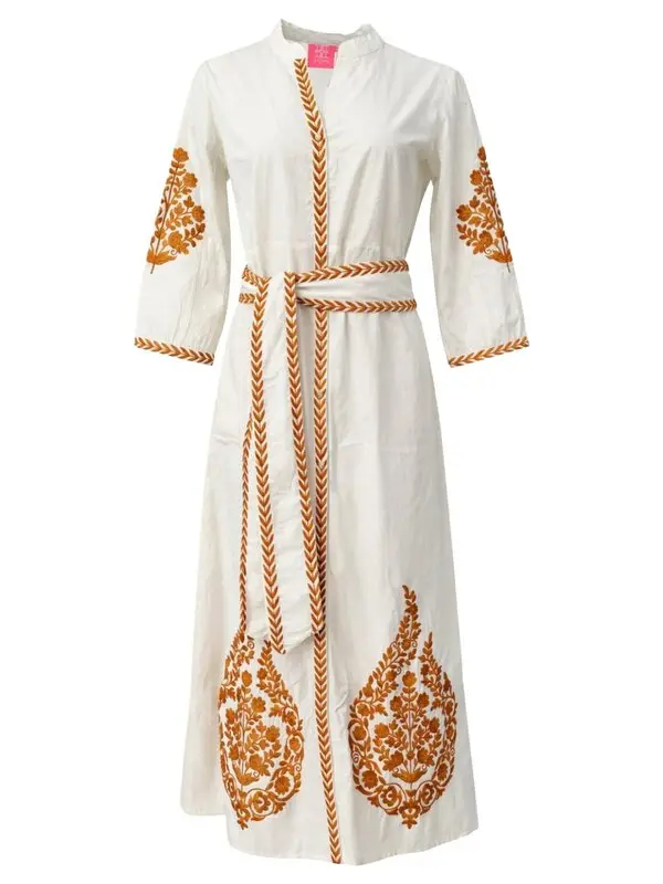 JUST DARVINY Mykonos Embroidered Cotton Dress - Brown