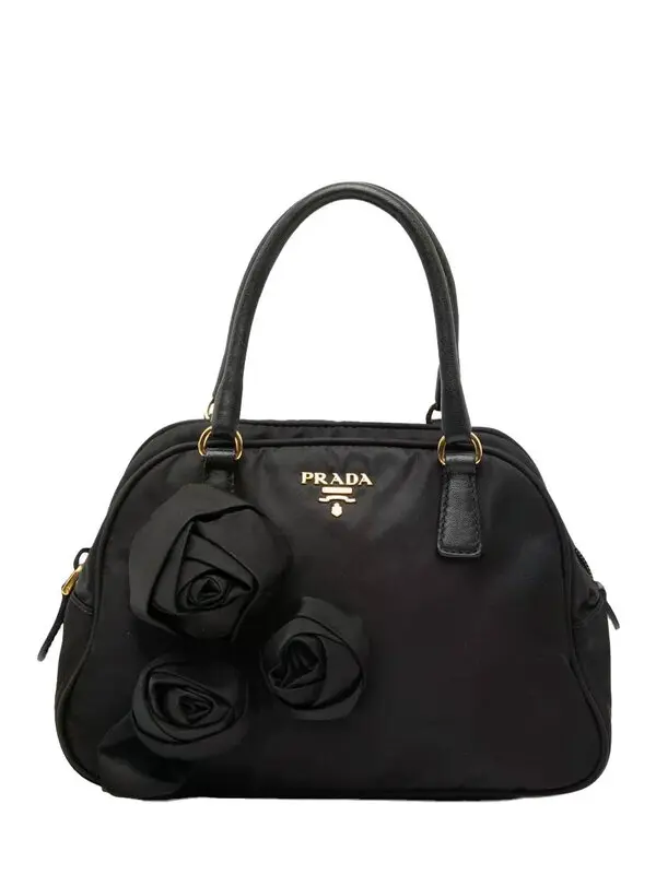 Prada Rose Embellished Tessuto Handbag - Black