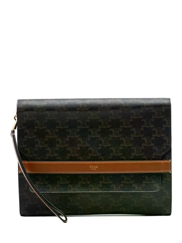 Celine Triomphe Coated Canvas Wristlet Flap Pouch Clutch Bag - Brown