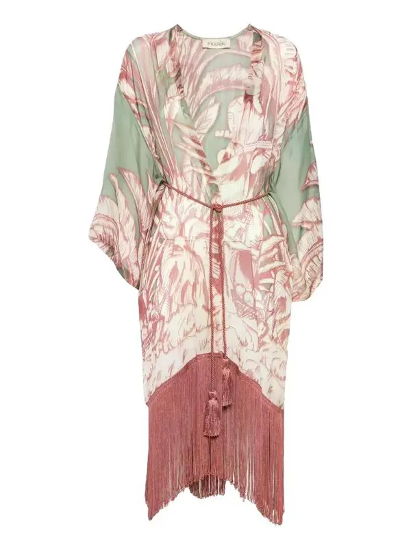 MOUTAKI Graphic Print Fringe Kimono - Neutrals