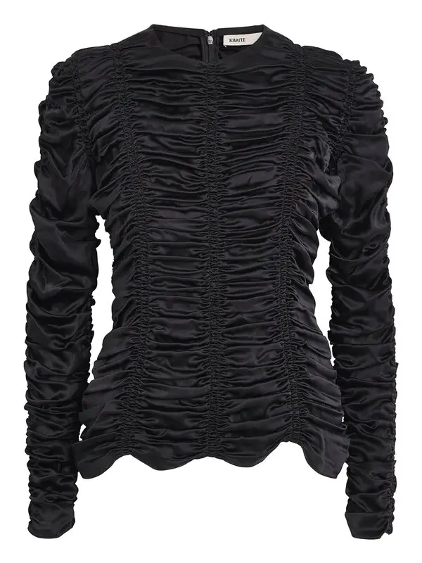 Khaite Silk Charmeuse Rory Blouse With Ruching And Scalloped Hems - Black