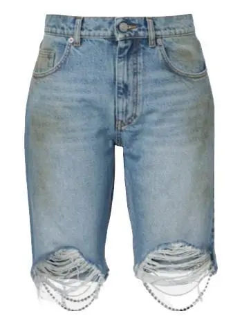 AREA Distressed Embellished Denim Shorts - Blue