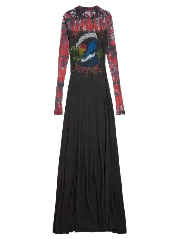 Balenciaga Tie-dye Graphic Long-sleeve Maxi Dress - Black