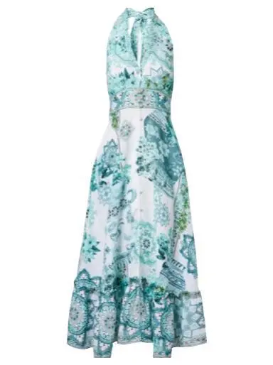Camilla Embellished Ruffled Halterneck Linen Midi Dress - Blue