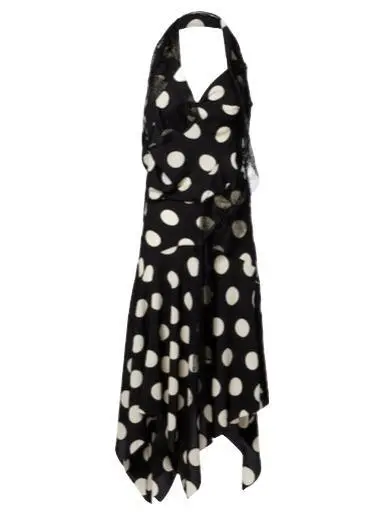 Junya Watanabe Asymmetric Polka Dot Midi Dress With Lace Trim - Black