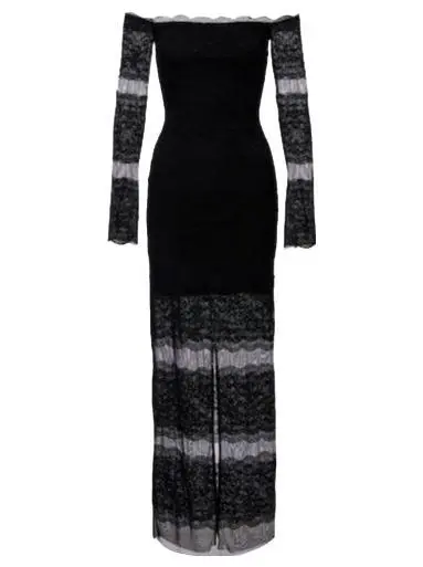 Blumarine Off-shoulder Lace Tulle Maxi Dress - Black