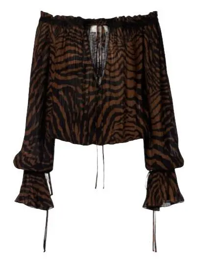 Blumarine Zebra-print Chiffon Off-the-shoulder Top With Lace Trim - Black