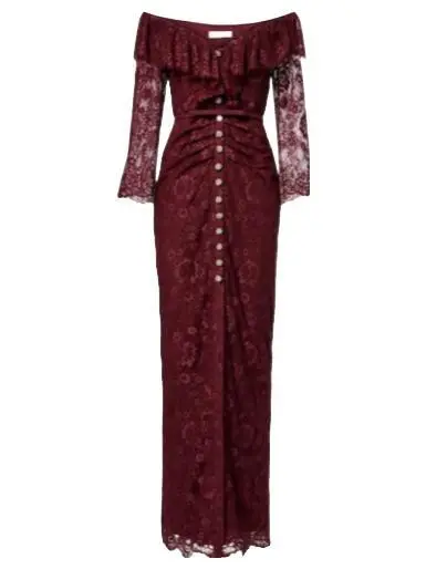 SELF-PORTRAIT Off-shoulder Lace Maxi Dress - Brown