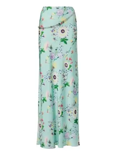 Rabanne Floral Satin Maxi Skirt With Chain Detail - Green