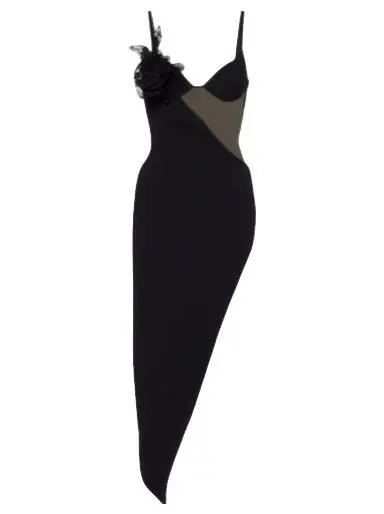 David Koma Asymmetrical Floral Appliqué Midi Dress - Black