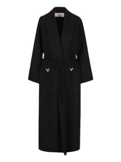 Valentino Garavani Long Sleeve Belted Coat With Lapel Detail - Black