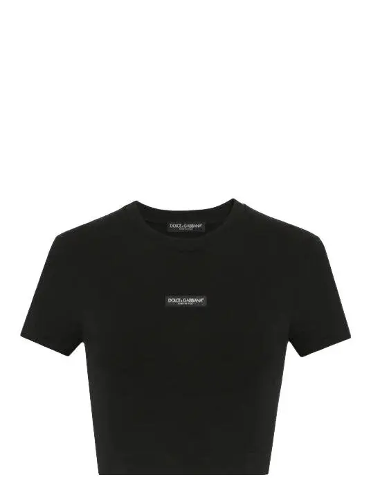 Dolce & Gabbana Cropped T-shirt With Logo Patch - Black