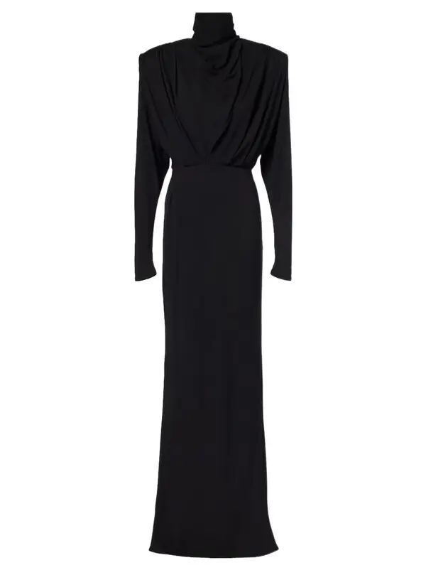 MUGLER Long Sleeve High Neck Draped Knit Maxi Dress - Black