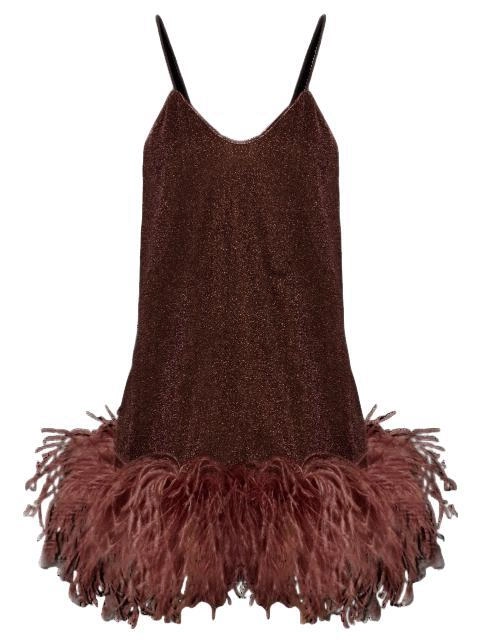 Oseree Feather-detail V-neck Mini Dress - Brown
