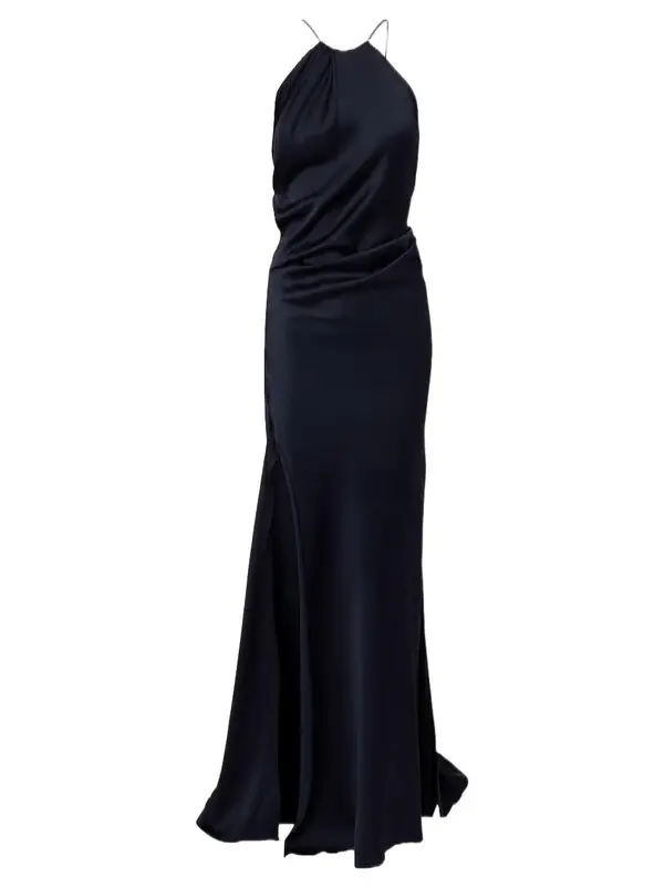 Victoria Beckham Chain Detail Draped Crêpe Satin Gown - Navy
