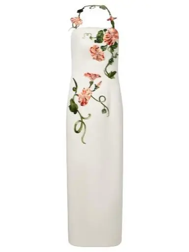LEO Lin Floral Appliqué Halterneck Gown - White