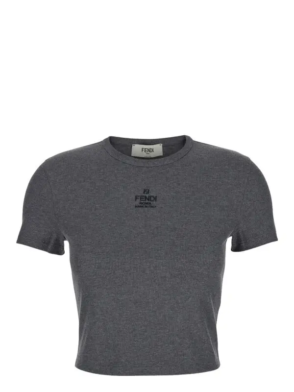 Fendi Ribbed Cropped T-shirt With Logo Lettering - Grey