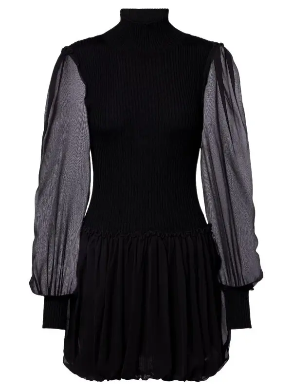 FRAME Ribbed Knit Dress With Sheer Balloon Sleeves - Black