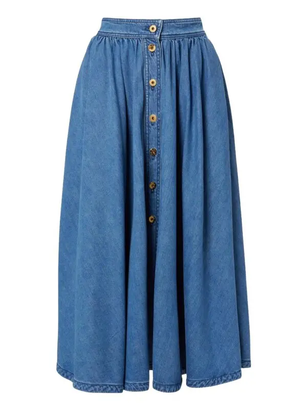 PATOU Belted Button-detailed Denim Midi Skirt - Blue