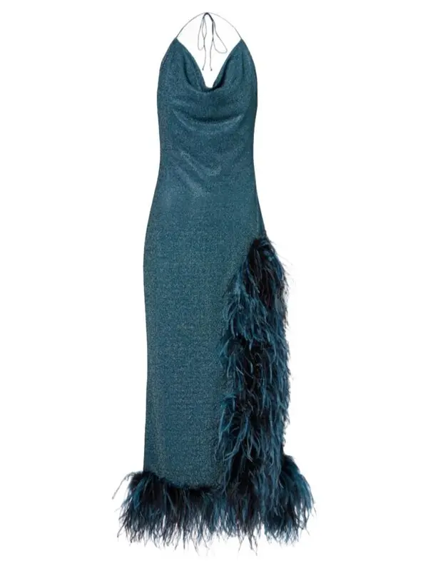 Oseree Halterneck Midi Dress With Feather Trim - Blue