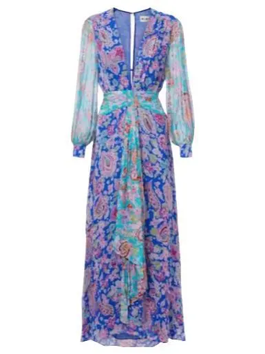 Rixo Meera Floral Gathered Chiffon Maxi Dress - Blue