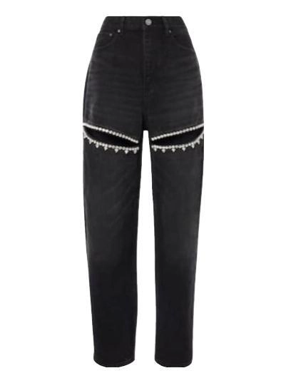 AREA Embellished Cutout Straight Jeans - Black