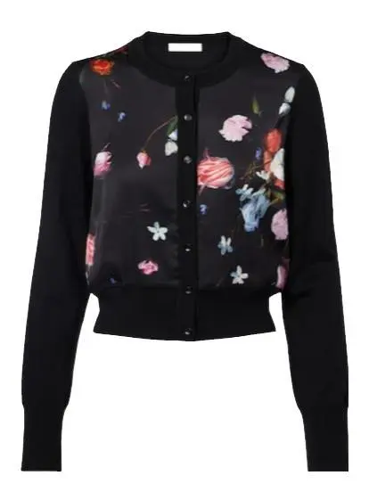 Erdem Floral Printed Cropped Wool Cardigan - Black