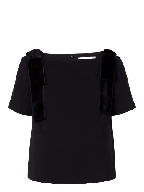 Carolina Herrera Bow Detail Velvet Trimmed Crepe Top - Black