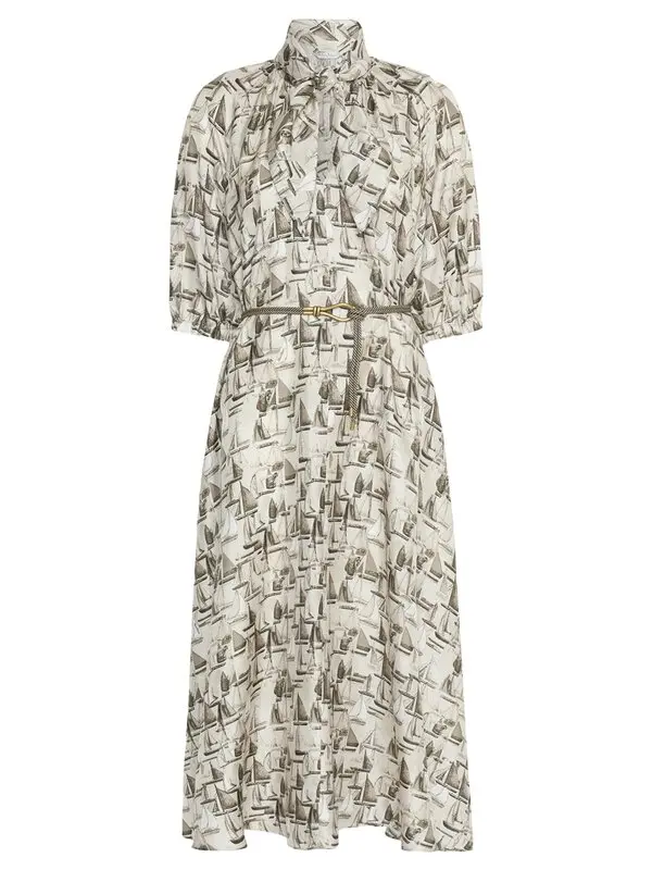 Max Mara Silk Sailboat Print Midi Dress - Grey