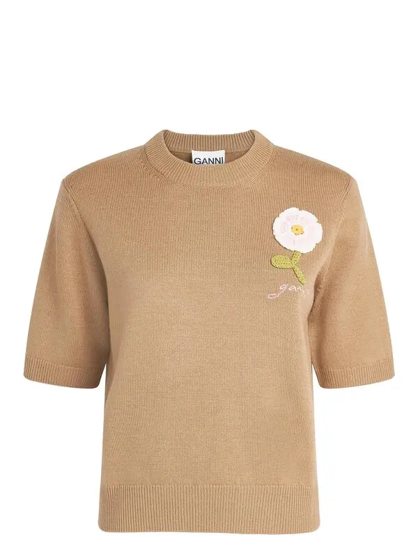 GANNI Merino Wool Short Sleeve Sweater With Floral Appliqu - Brown